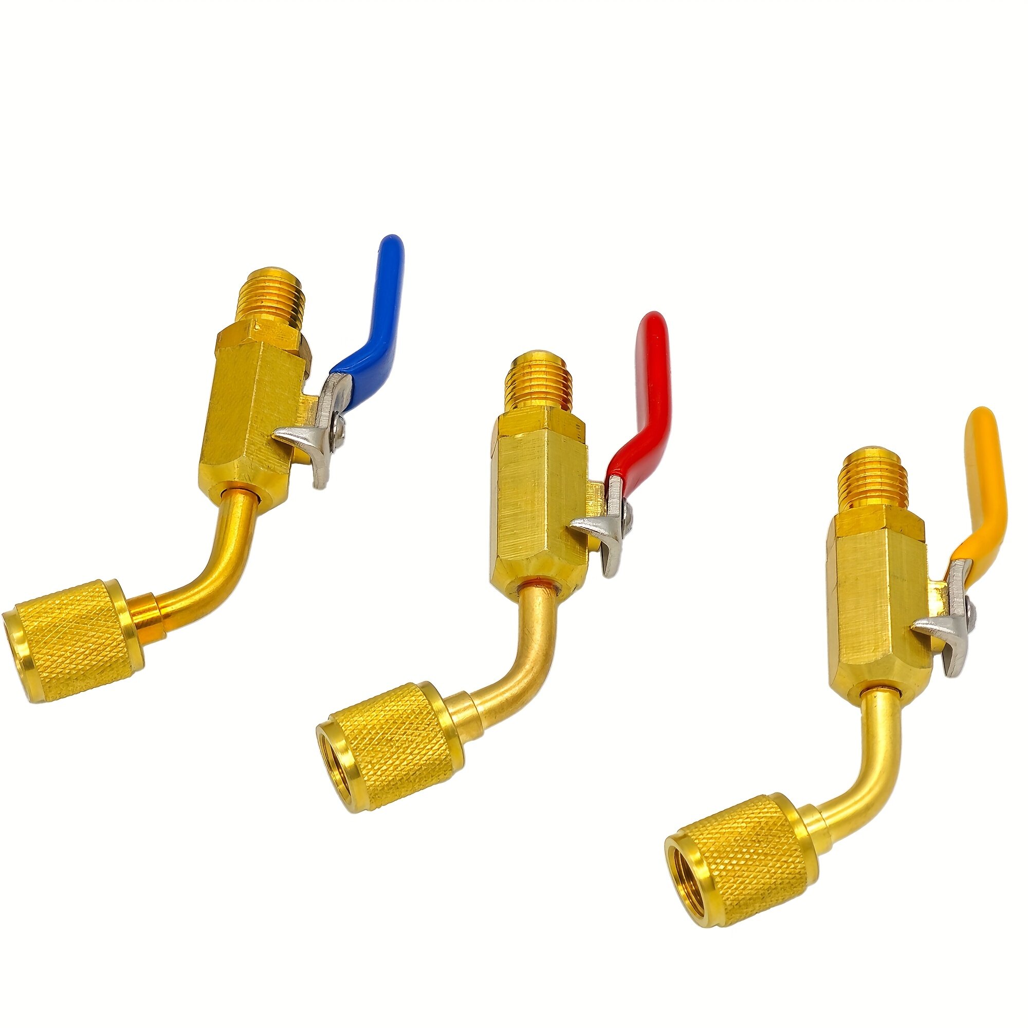 Компактный угловой шаровый кран для хладагентов R410A, R134A, R12, R22, R502 с переходником 5/16" SAE (наружный) на 1/4" SAE (внутренний), три цветных адаптера, модель Set1