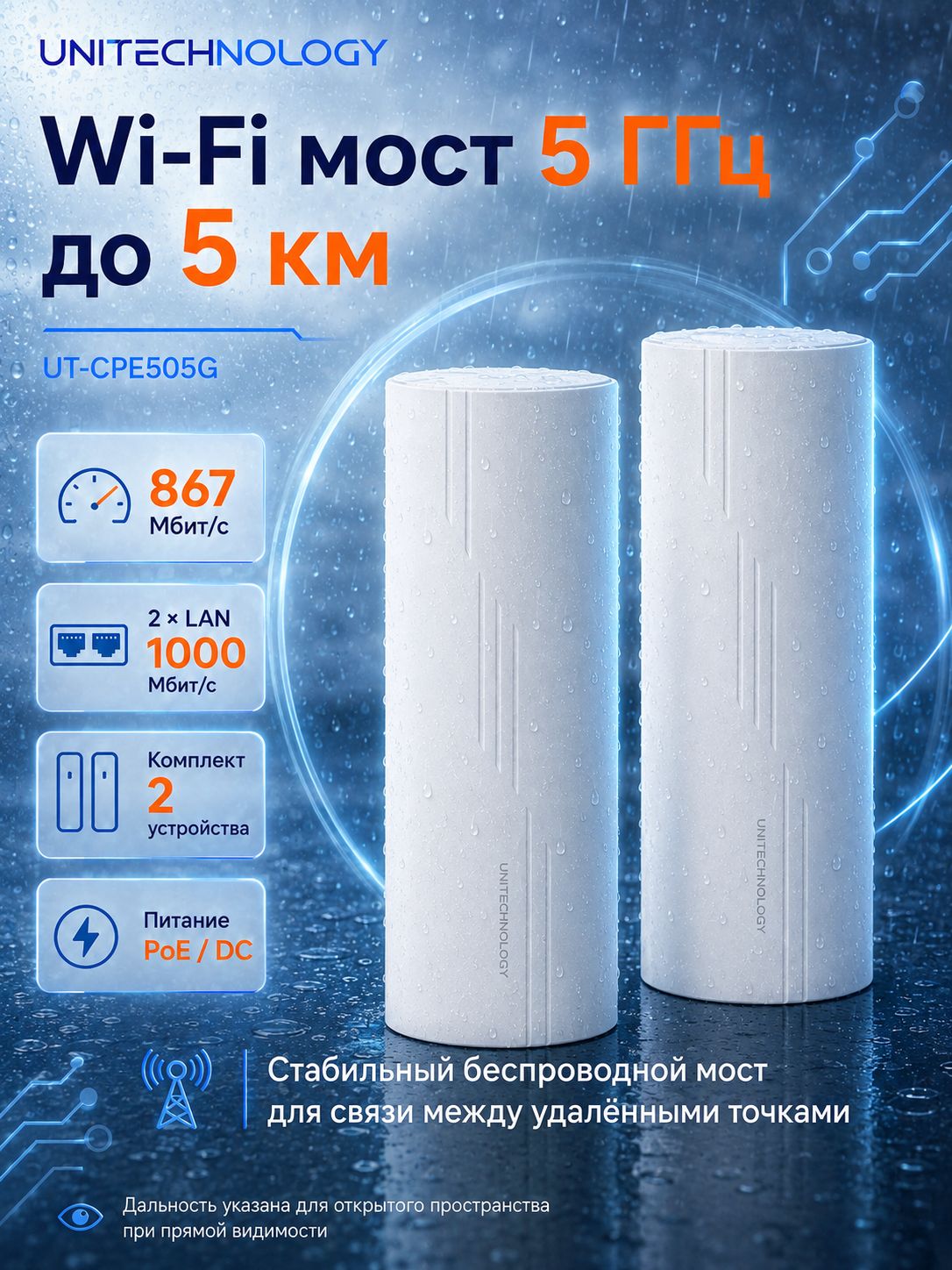 Wi-Fi мост UNITECHNOLOGY UT-CPE505G, беспроводной CPE мост 5 ГГц до 5 км, 867 Мбит/с, Gigabit Ethernet, комплект 2 шт, для IP-камер и удалённых объектов