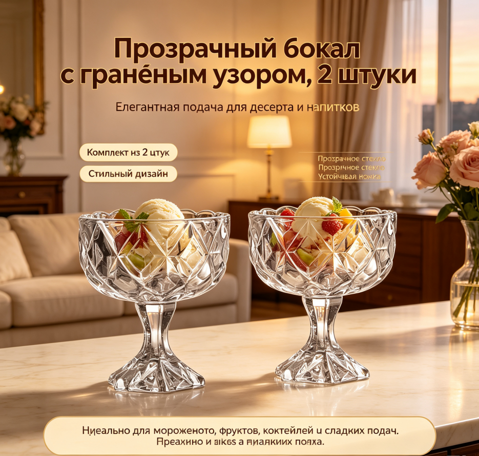 Мороженица розетка стекло ，Винтажный стеклянный бокал с рельефом для десертов, мороженого и фруктов