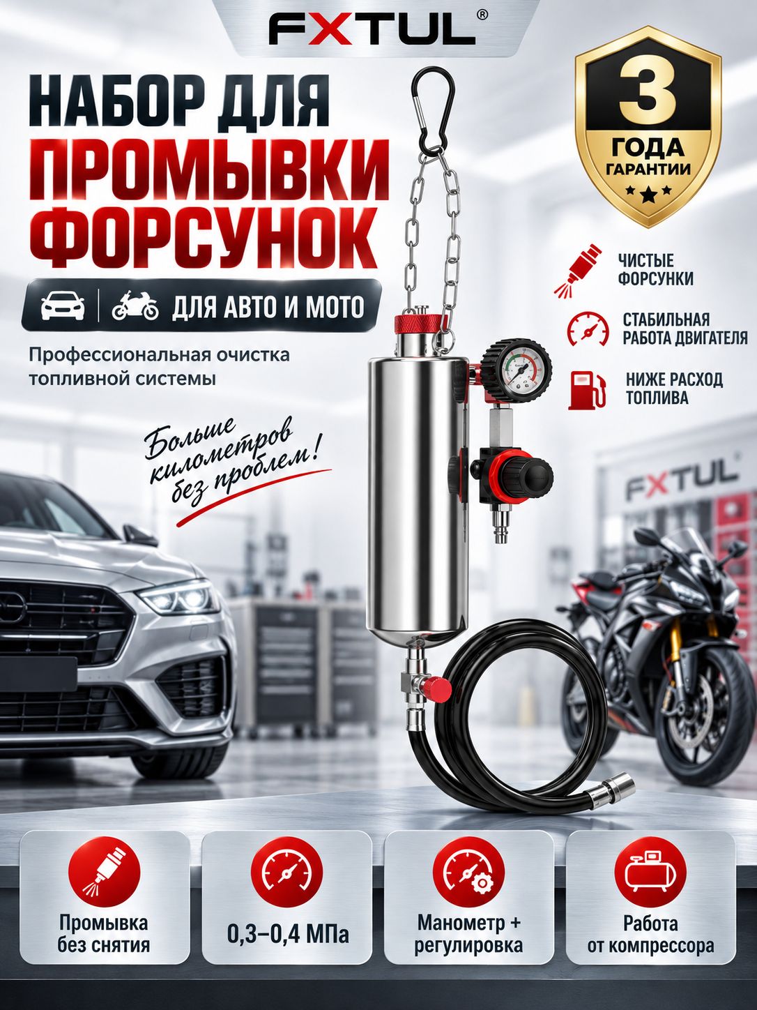 FXTUL Hабор для промывки форсунок авто и мото, Стенд для промывки форсунок, очиститель топливной системы с манометром