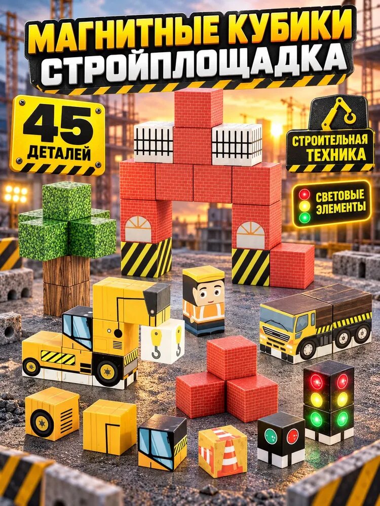 Магнитный конструктор Стройплощадка, 45 деталей, в металлической коробке