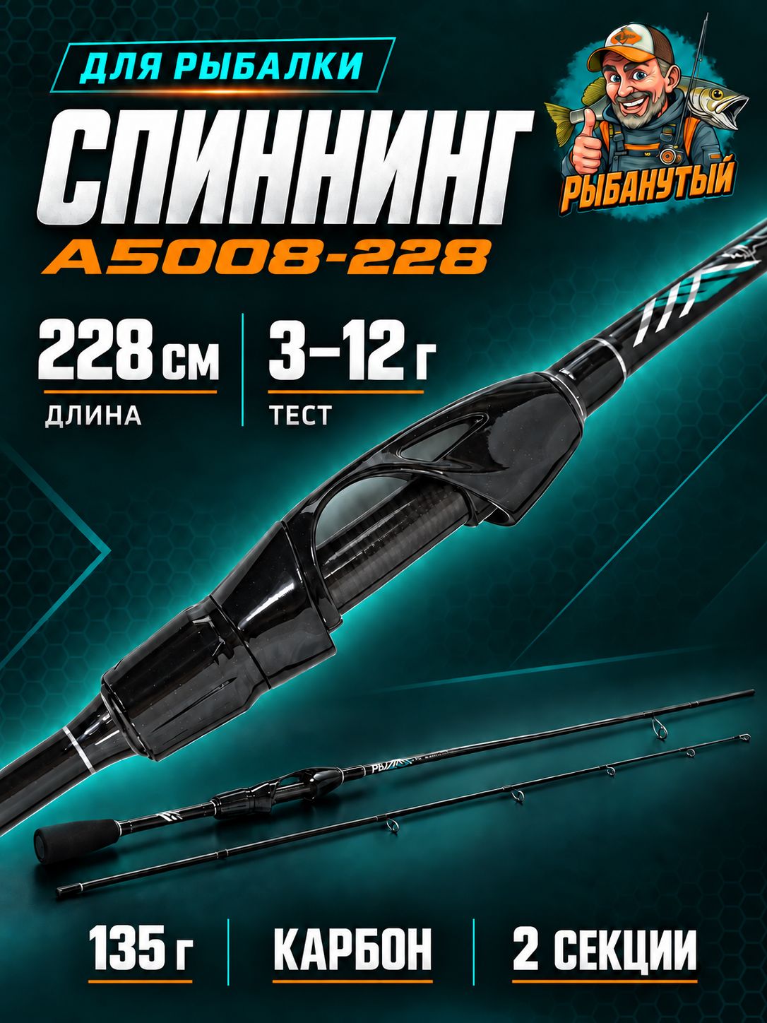 Спиннинг для ловли хищника BLACK CAT 228 см (тест 3-12 г) для окуня, щуки, судака (Рыбанутый)