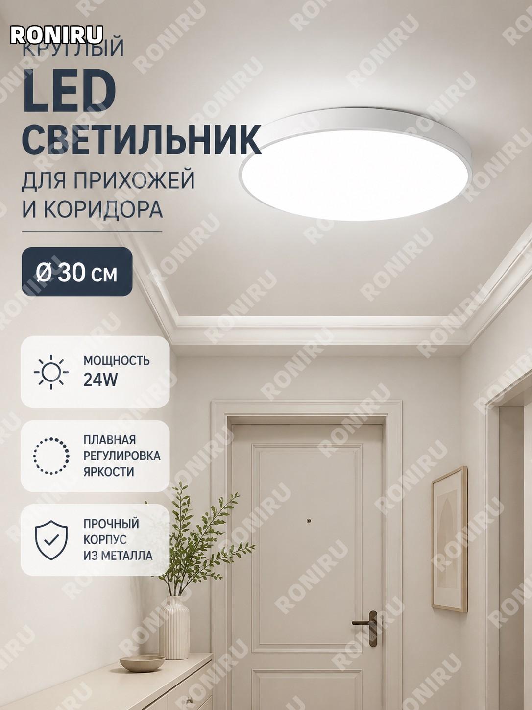 Потолочный светильник 30 см круглый 24 Вт железный корпус белый акриловый LED с бесступенчатой регулировкой дома