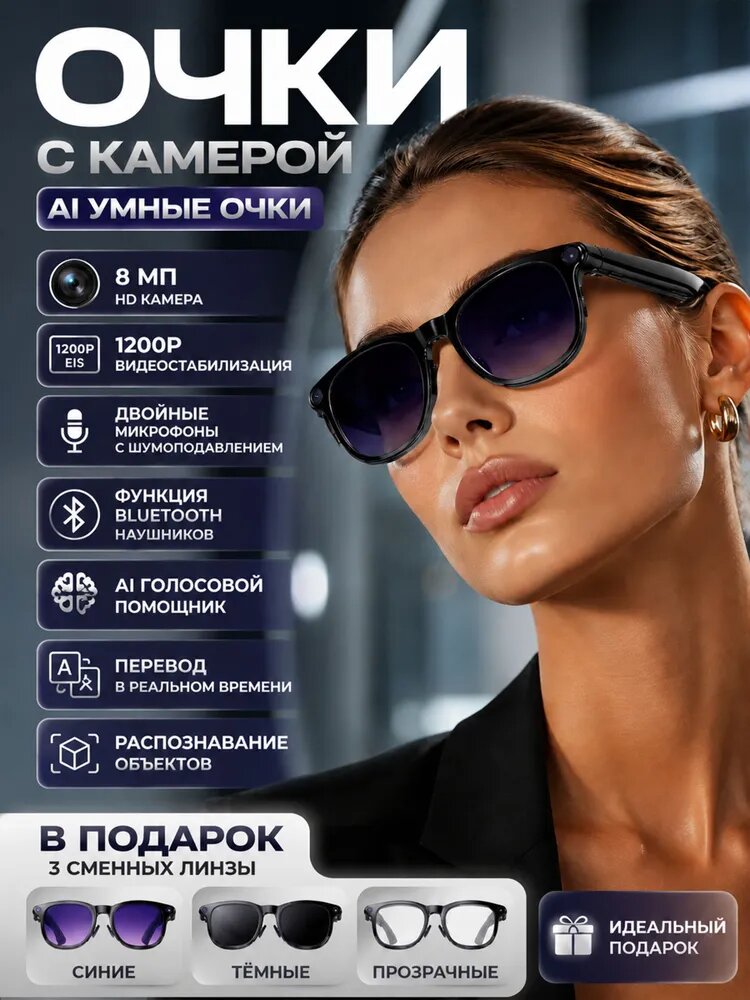 Panda Julie Очки AI Glasses с камерой 8MP, видео 1200P/30FPS, EIS стабилизация, открытый звук, с микрофоном и динамиками, для фото и видео