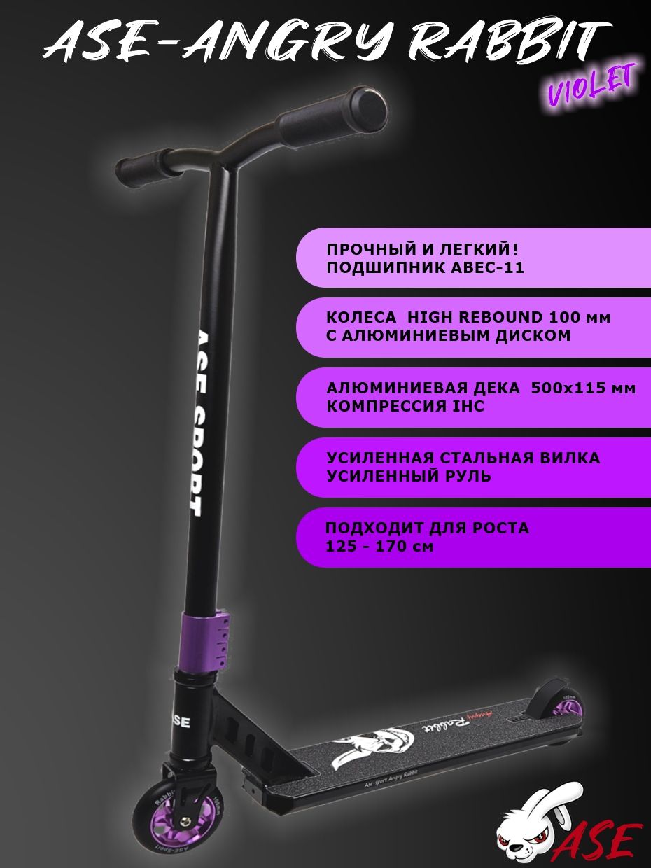 ASE-SPORT Самокат ASE-stunt-Angry Rabbit, фиолетовый