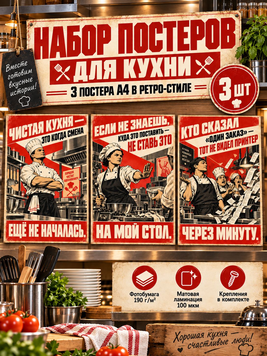 Плакаты на стену A4 3 шт на кухню ретро