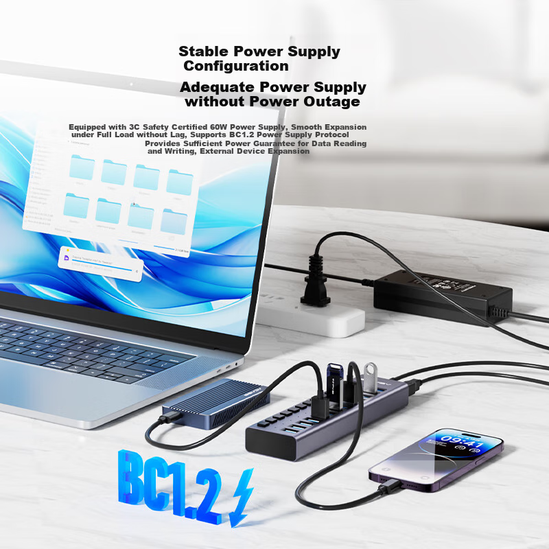 Acasis USB3.0 13-портовый хаб с независимым управлением и 60Вт блоком питания для ноутбуков и настольных ПК Цвет：13