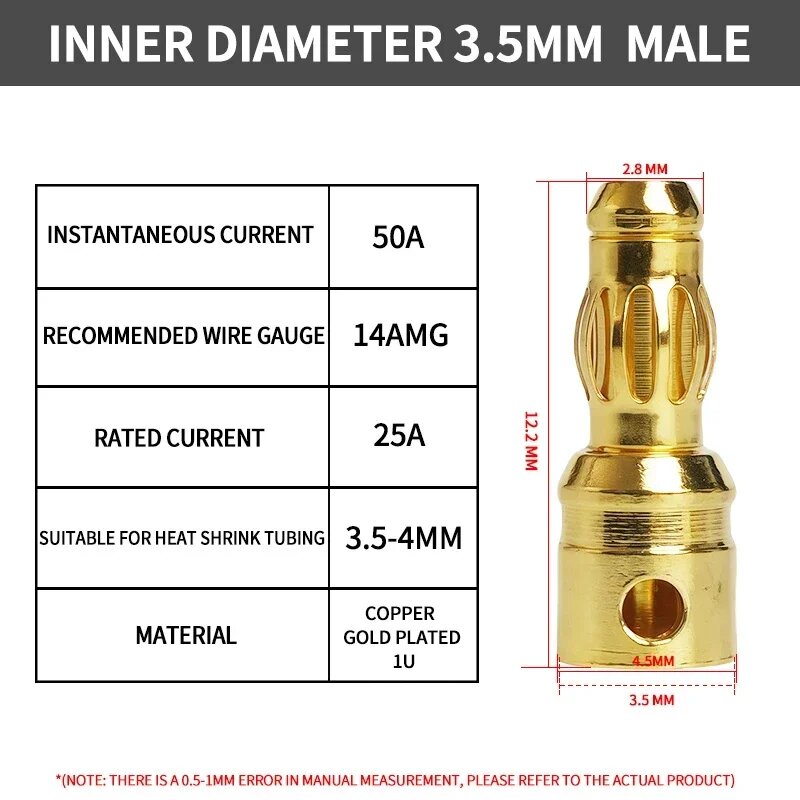 Банан 3.5mm Male, золотой, 14AWG, 25A