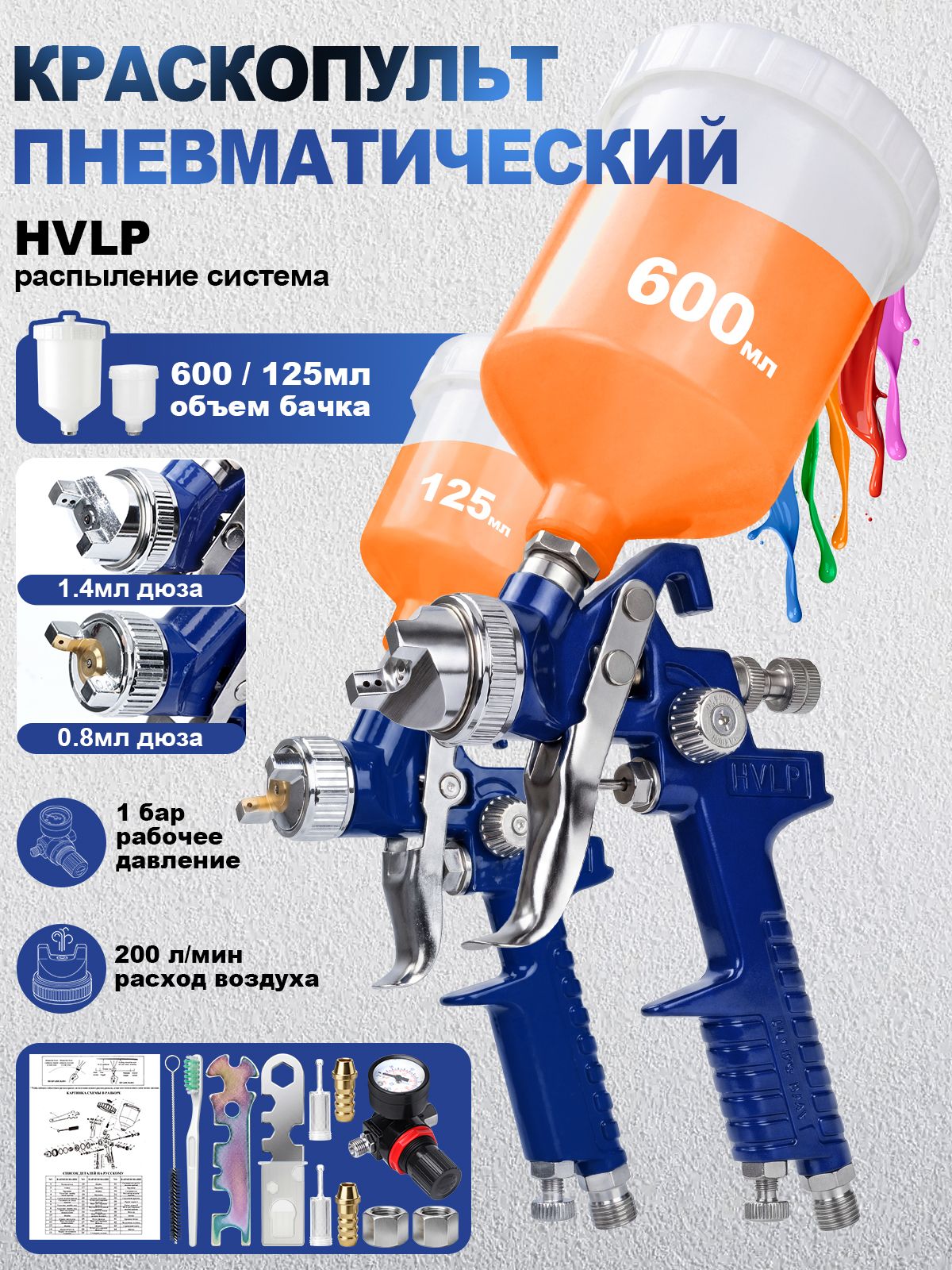 2 шт Краскопульт пневматический HVLP для компрессора, сопла 0.8 и 1.4 мл, два бачка 125 мл и 600 мл, универсальное использование для покраски авто, мебели, стен, металла, дерева, пластика