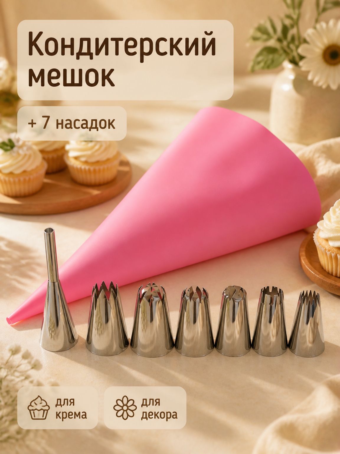 Кондитерский мешок силиконовый многоразовый с насадками большими, насадки для крема 7 штук, SELLR, серебристый