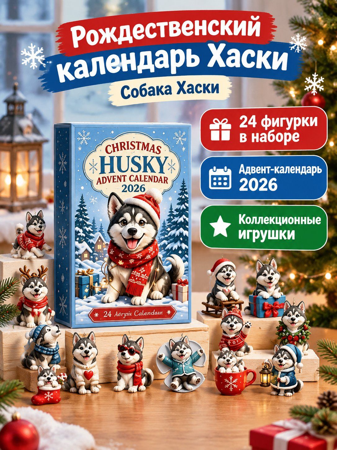 Адвент-календарь Рождественский пёс 2026: 24 мини-фигурки в коробке, пластик, 26 18 3 см