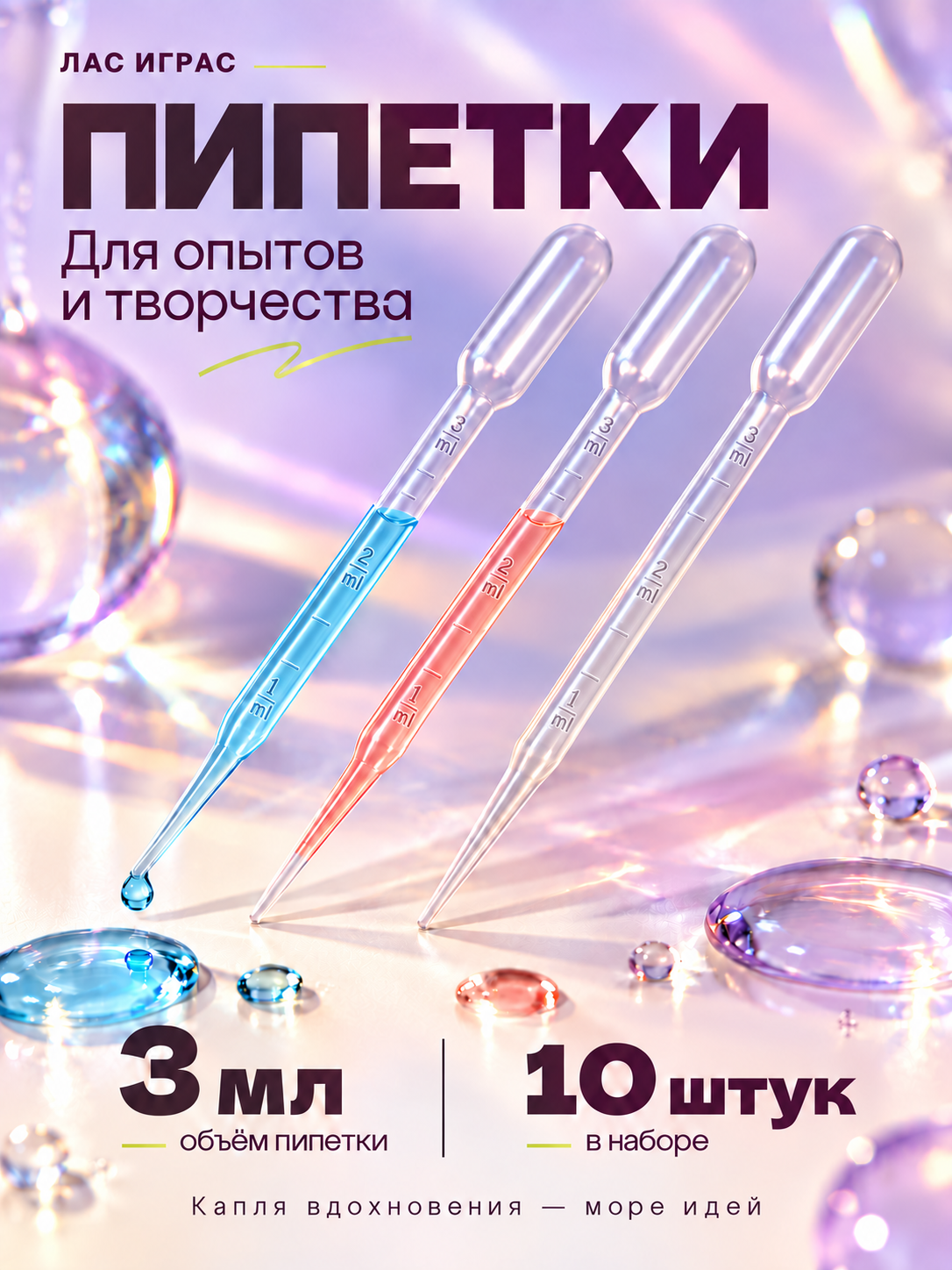Пипетка 3 мл, для опытов и творчества, набор 10 штук, ЛАС играс