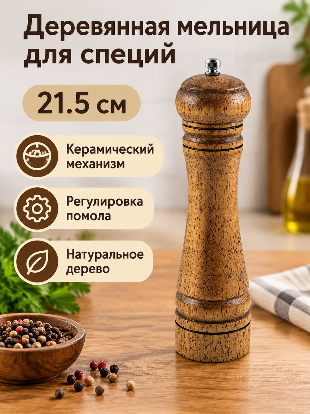Деревянная мельница для специй 21,5 см, керамический механизм, регулировка помола, натуральное дерево, перечница для перца и соли