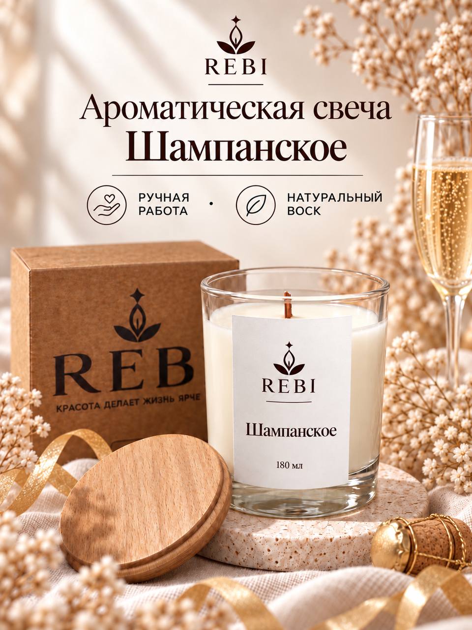 Ароматическая свеча REBI Шампанское, 180 мл, соевый воск, деревянный фитиль