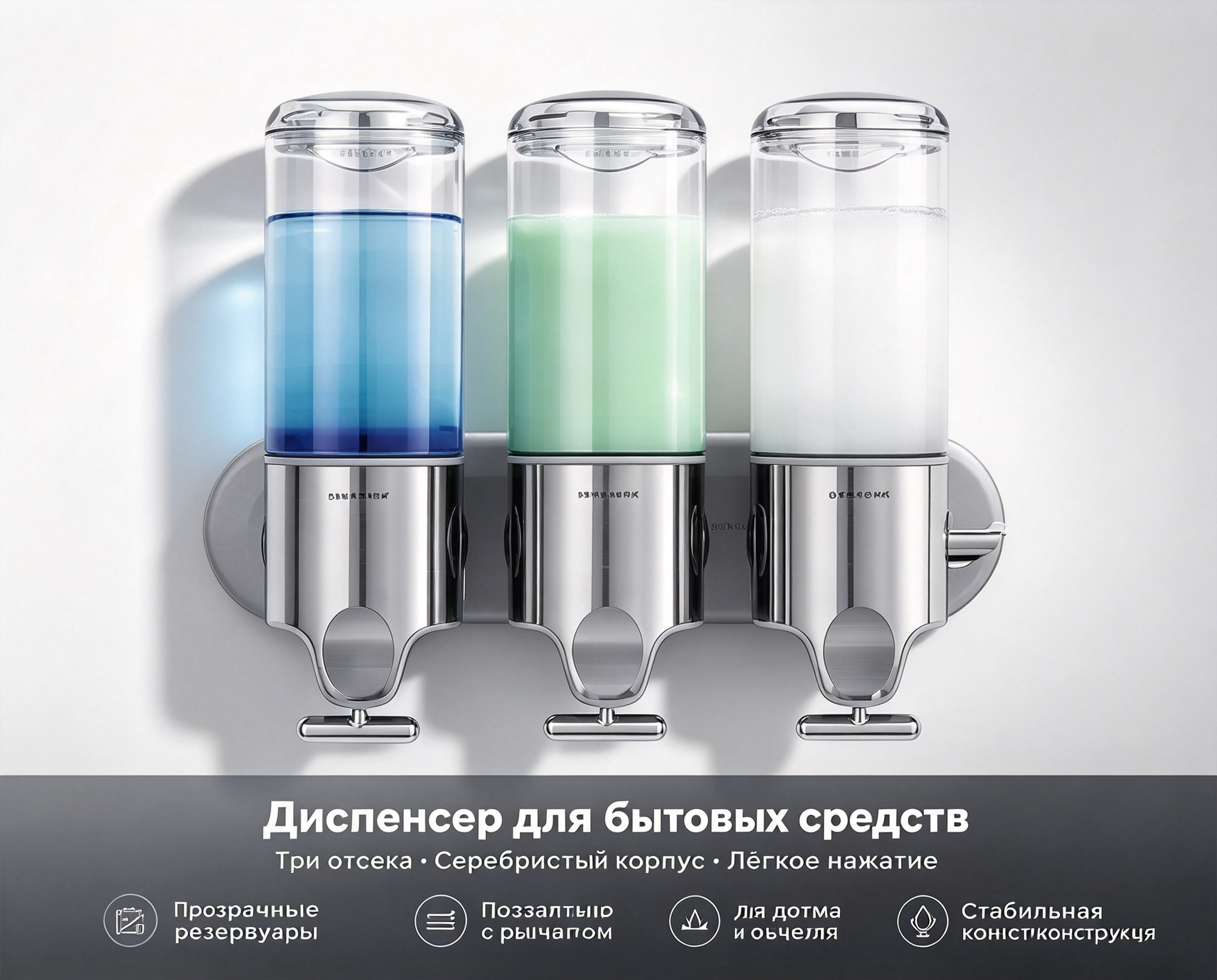 Дозатор для жидкого мыла настенный с крючками серый B3GK-SLVSF, пластик, Т-образный рычаг, легко чистить