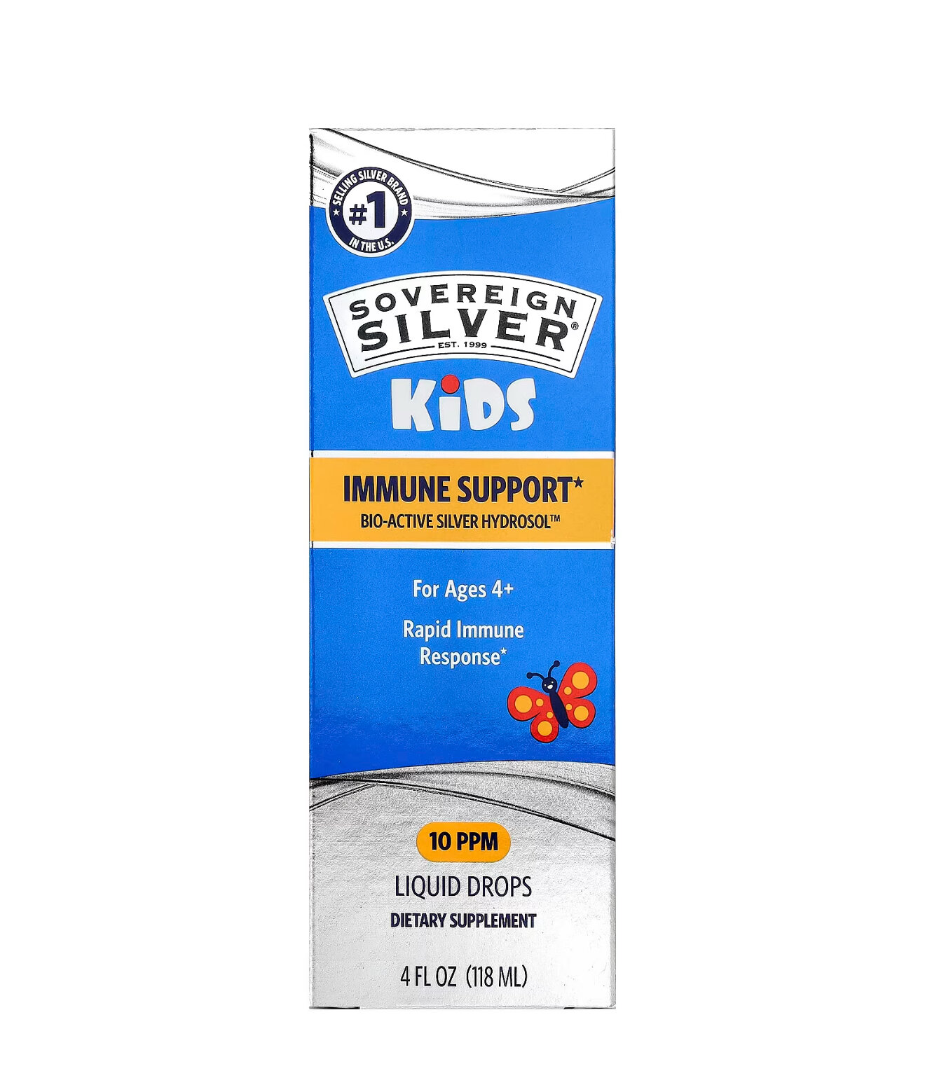 Sovereign Silver, коллоидное серебро для детей 4+, поддержка иммунитета ,10PPM, 118 мл