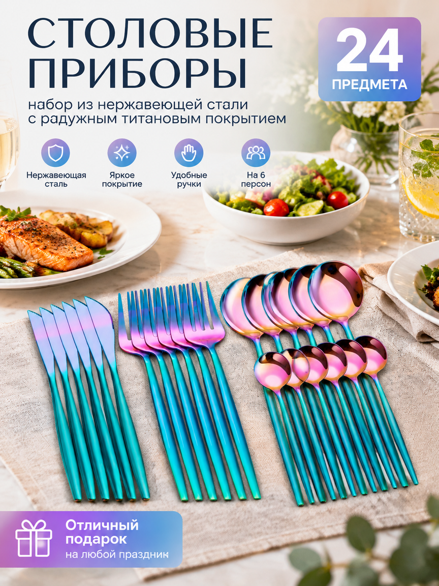 Столовые приборы 24 предмета, набор из нержавеющей стали с радужным титановым покрытием