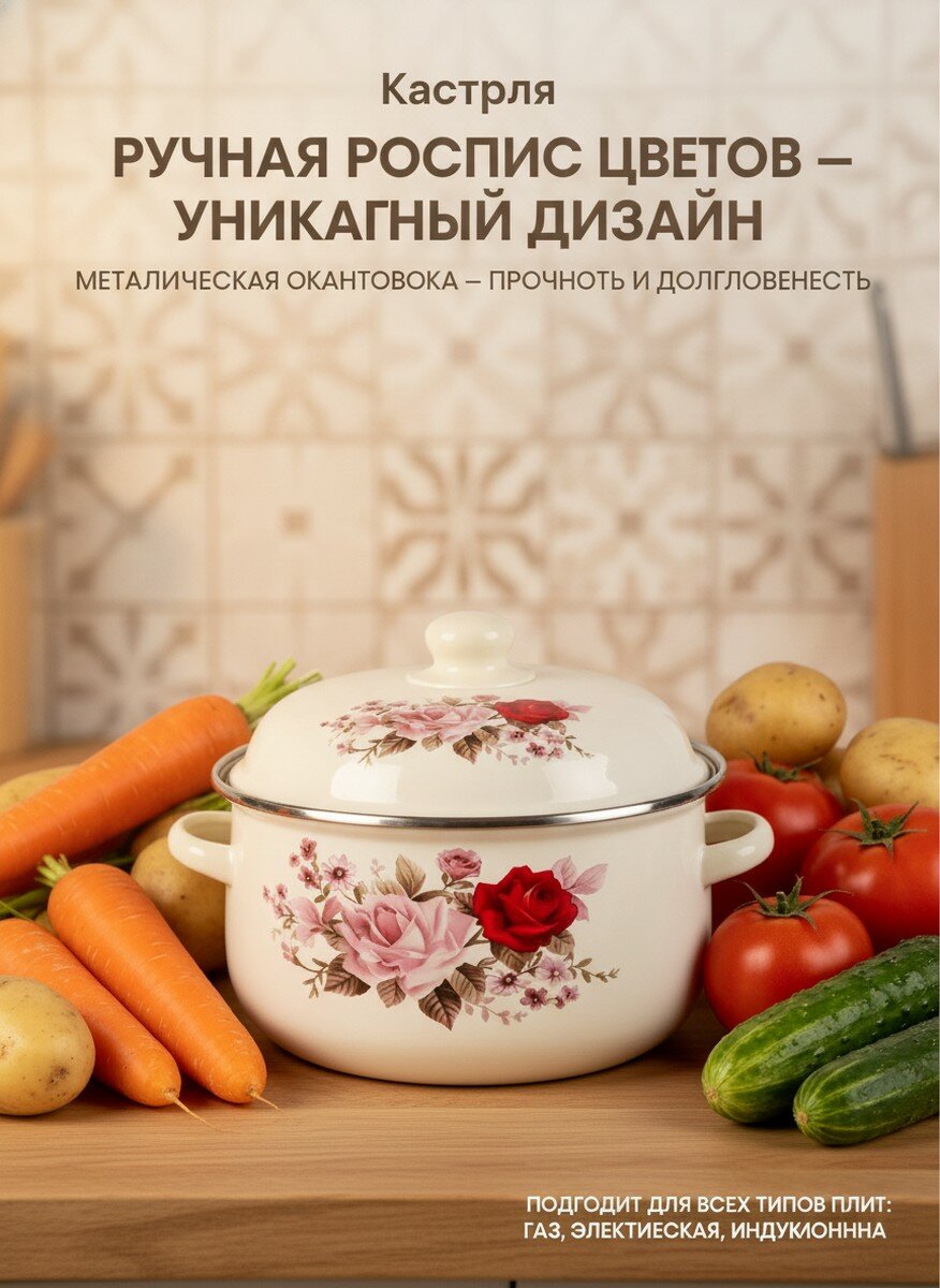 Эмалированная кастрюля для супа с двойными ручками, цвет — «Розовая красавица»