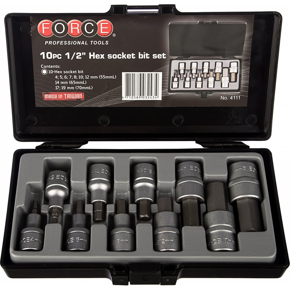 Набор головок c битами HEX 1/2" 10 шт. FORCE 4111