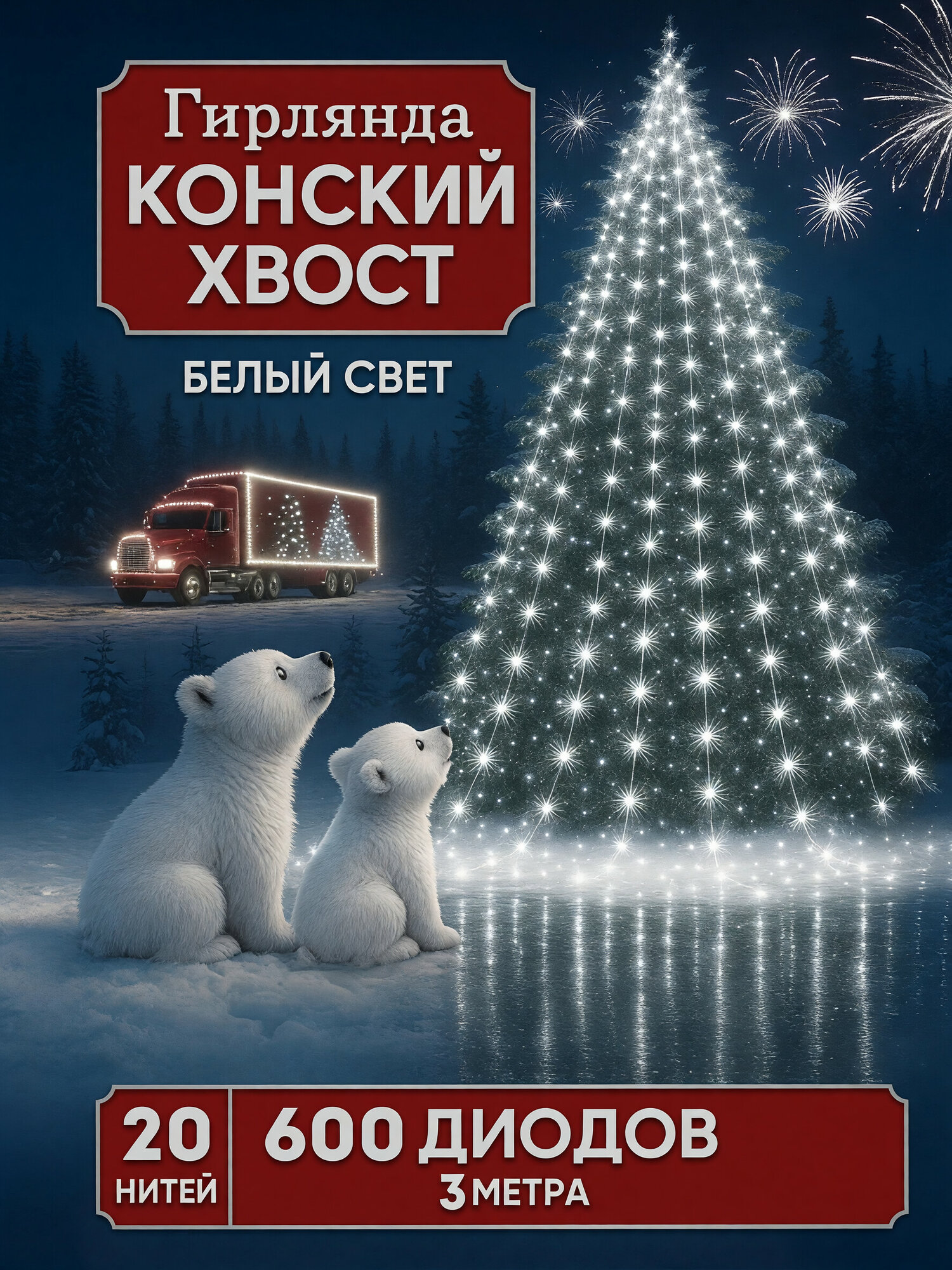 Гирлянда новогодняя на ёлку Конский хвост, белый провод, белый свет, 3м, 600 лампочек, 20 нитей
