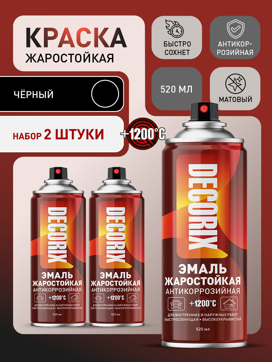 Аэрозольная эмаль жаростойкая +1200С DECORIX в баллоне 520 мл матовая - комплект 2 шт