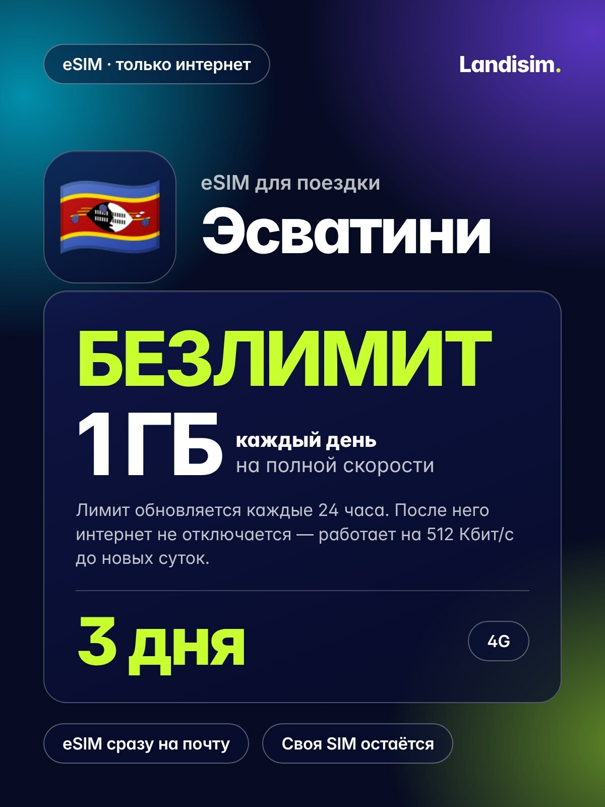 ESIM Эсватини безлимит 1 ГБ в день на 3 дня, мобильный интернет Landisim