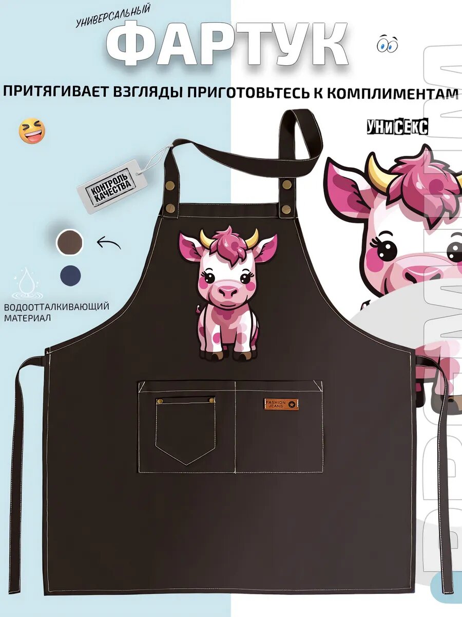 Фартук Розовая корова Pink Cow мультфильм милый кухонный с принтом универсальный