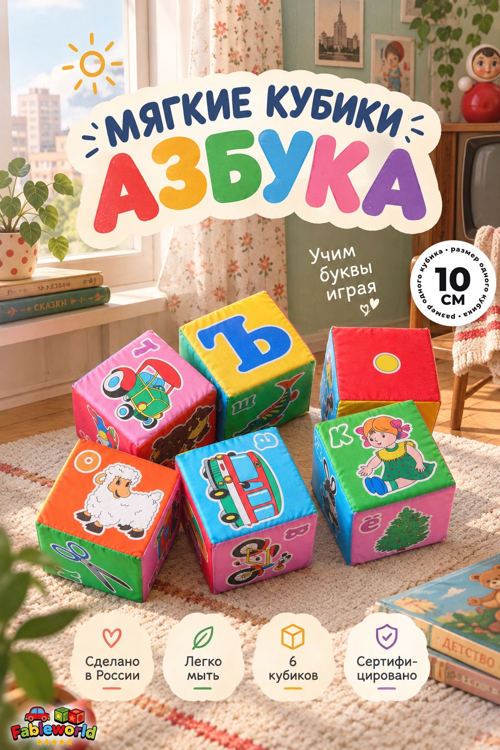 Мягкие кубики "Азбука" 10х10 см