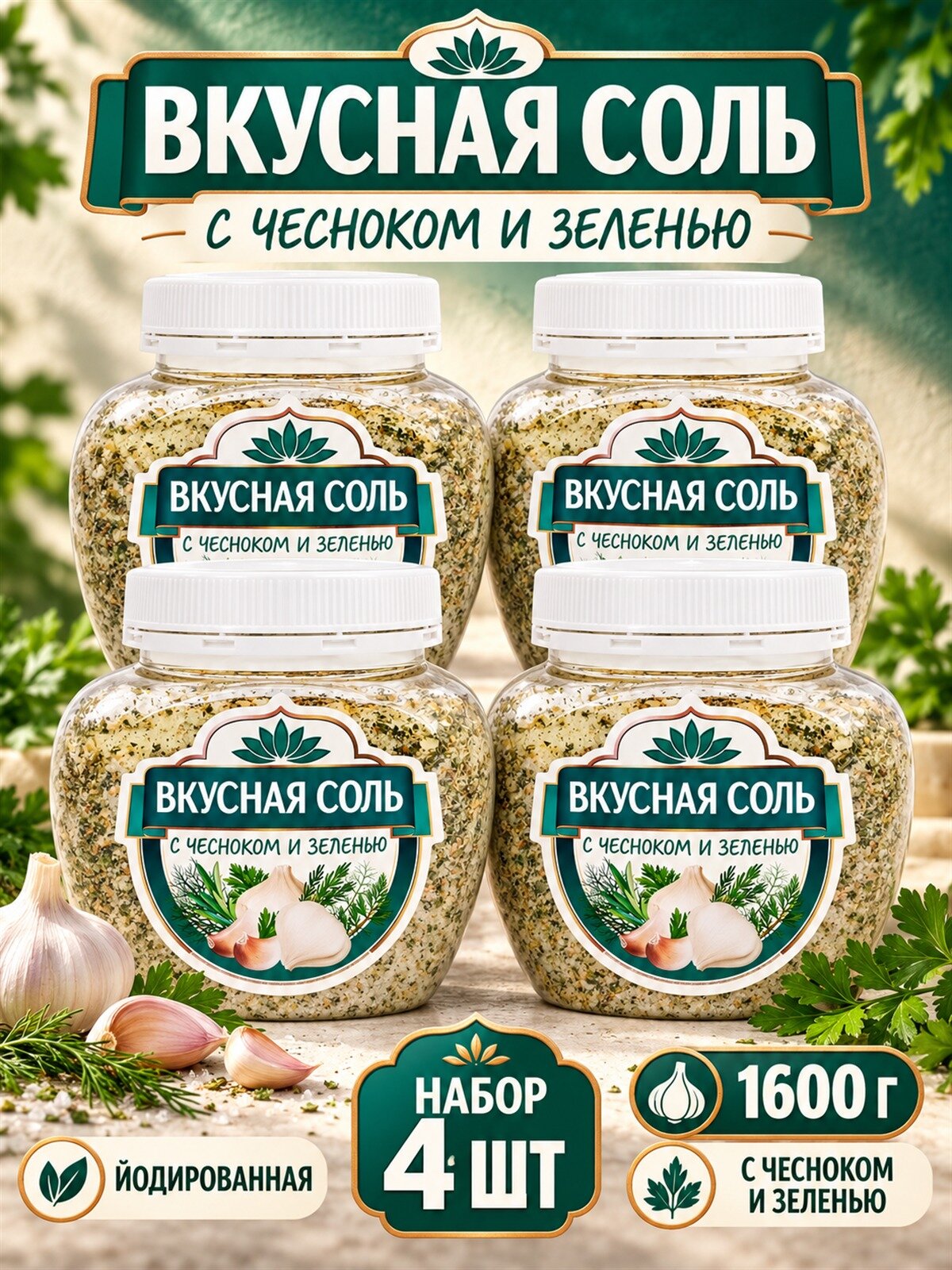 Соль с чесноком и зеленью вкусная 400 г, 4 шт, универсальная приправа с зеленью для мяса, картофеля, курицы и гарниров