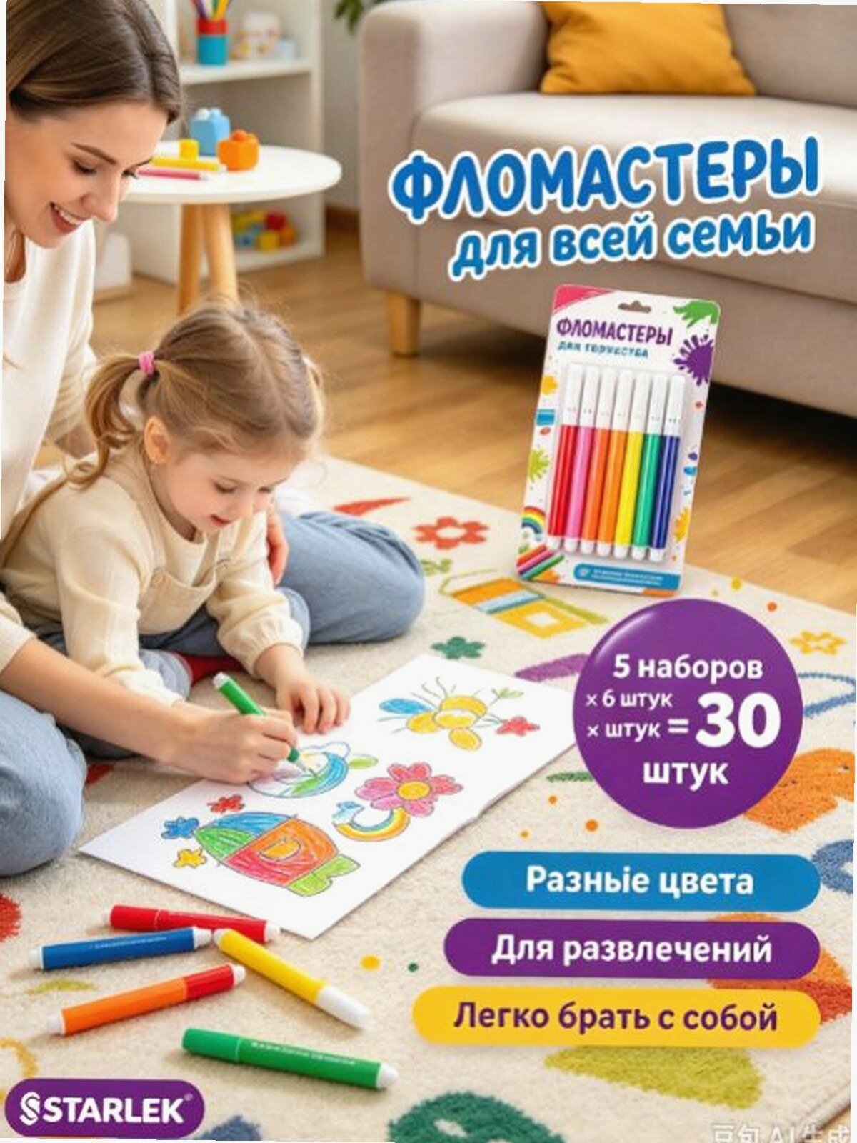 Набор маркеров цветных 30 штук с пулевидным наконечником для рисования дома и в школе