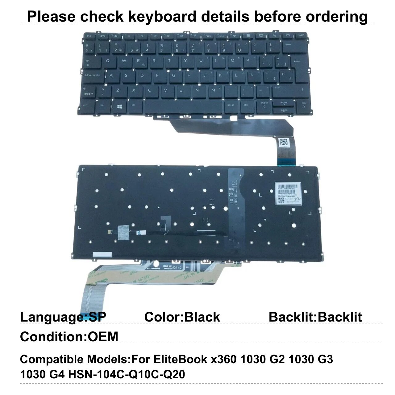 Сменная подсветная клавиатура для HP EliteBook x360 1030 G2, 1030 G3, 1030 G4 Черный, SP Backlit