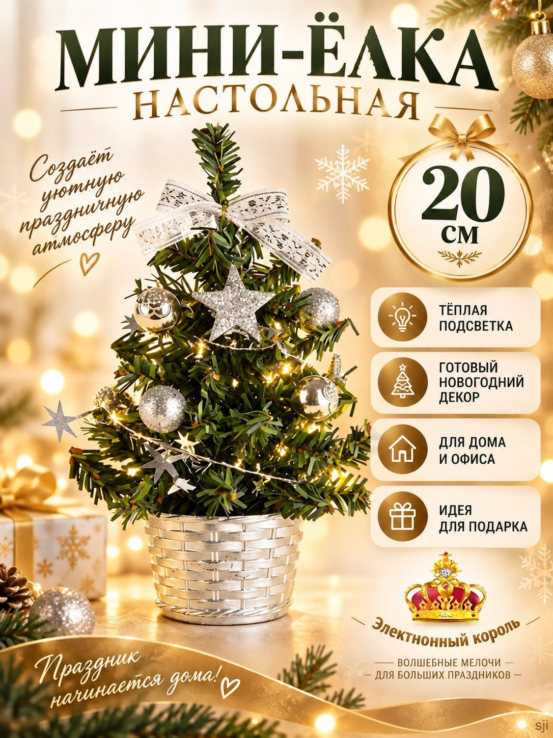 Елка искусственная 20.12 см пластик с украшениями, с подсветкой настольная