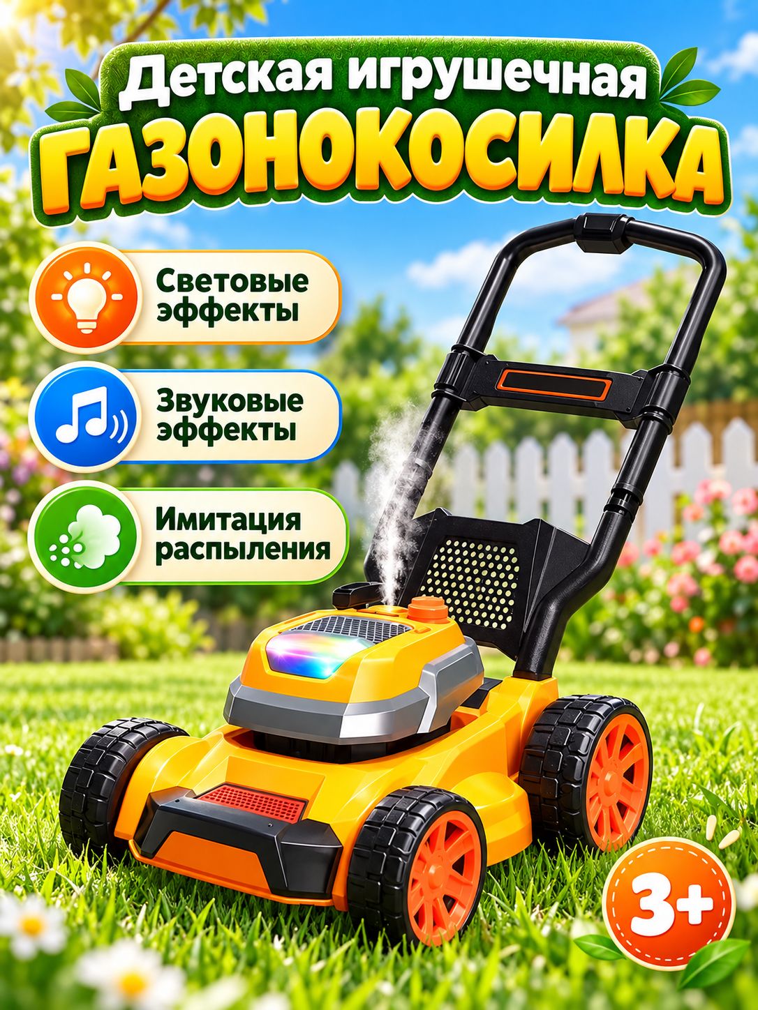 Детская игрушечная газонокосилка со светом, звуком и имитацией распыления, каталка для сюжетных игр, 36x28x22 см, от 3 лет