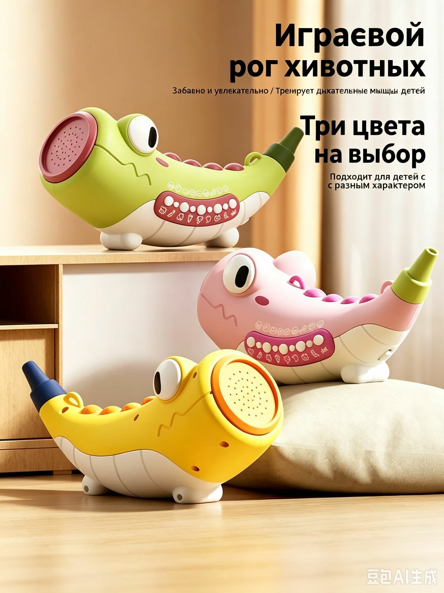 Детский развивающий музыкальный рожок Animal Horn, дудочка с 30+ звуками животных и сменным мундштуком, тренажер для дыхания и развития речи, для