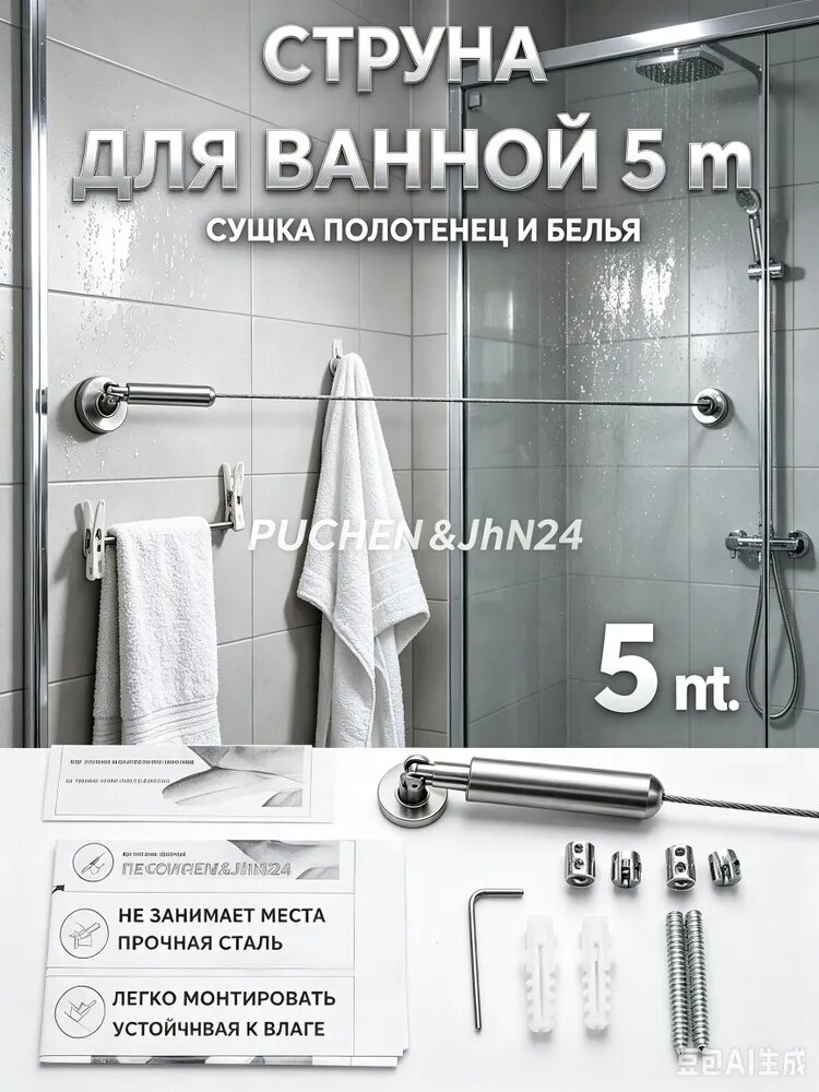 Бельевая веревка 5 метров нержавеющая сталь, струна для сушки одежды на стену, комплект с креплениями, серебро