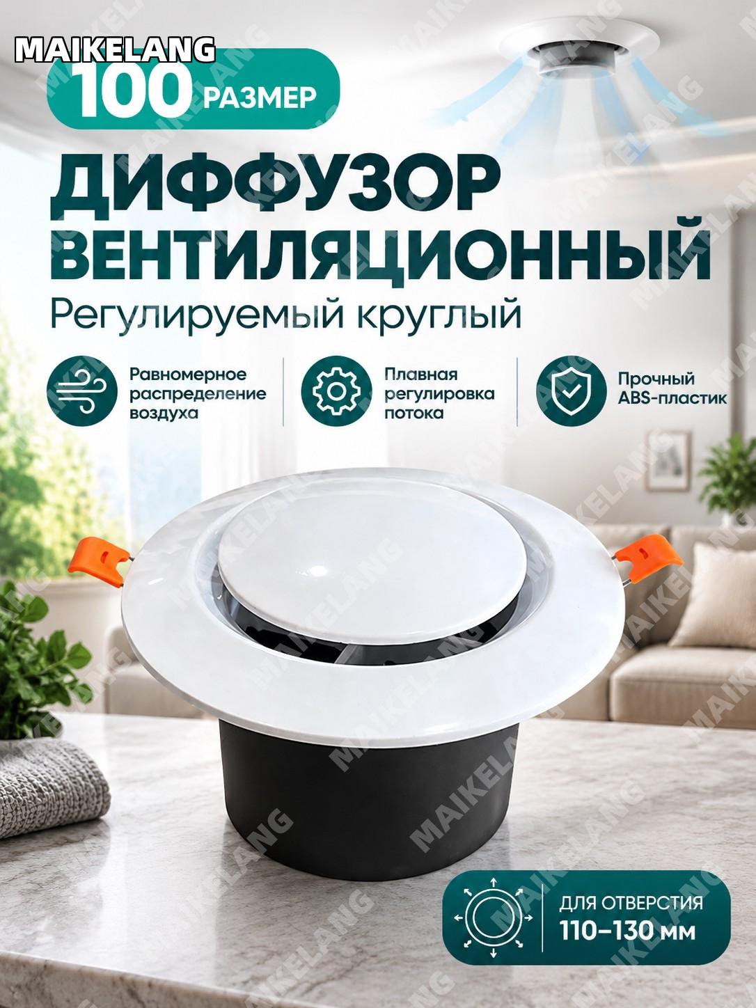 Круглая регулируемая вентиляционная решётка 100, 4 дюйма ABS, пружинный крепёж, отверстие 110-130 мм