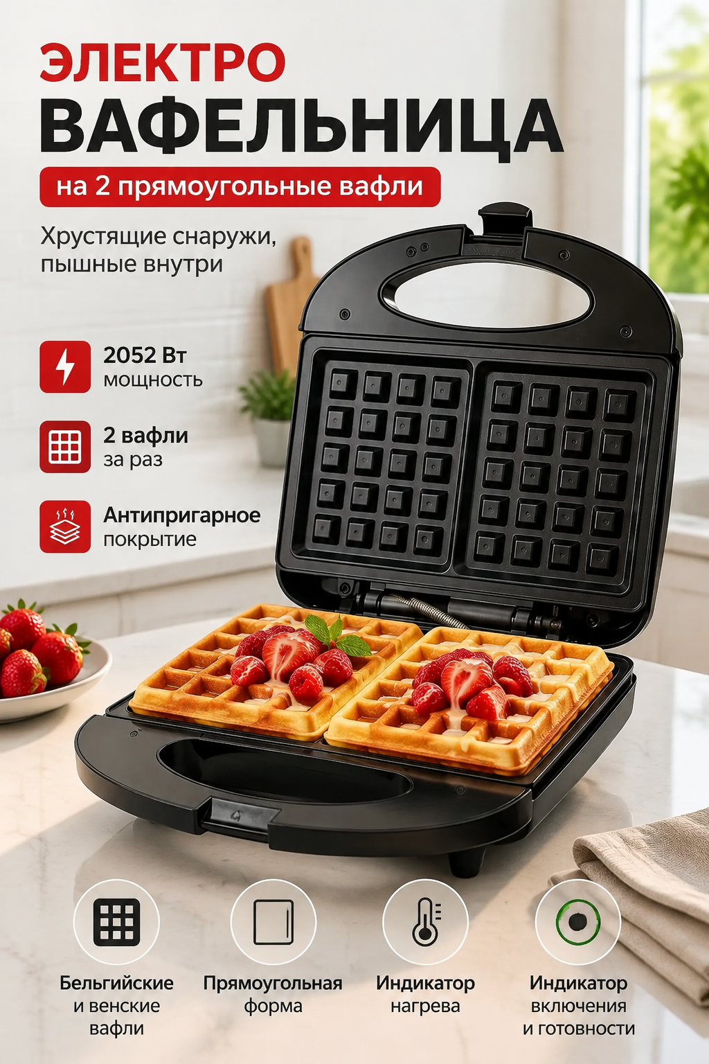 Электровафельница на 2 прямоугольные вафли, 2052 Вт