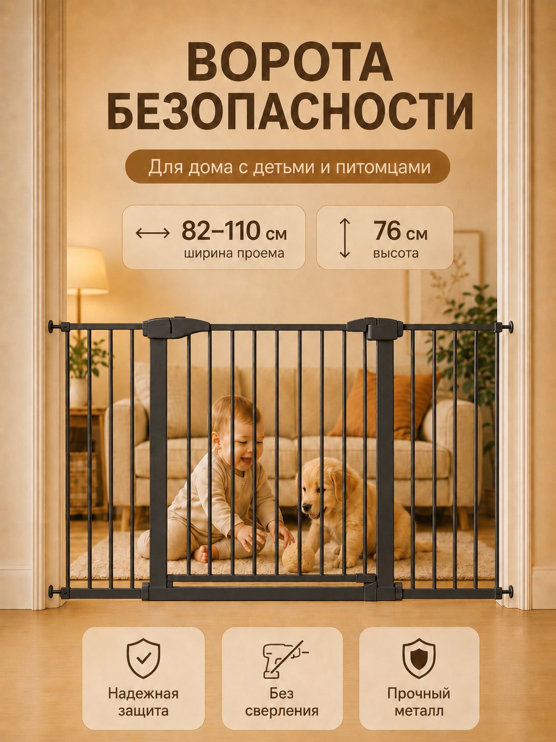 Ворота безопасности для детей 82-110см. Перегородка для зонирования, манеж детский