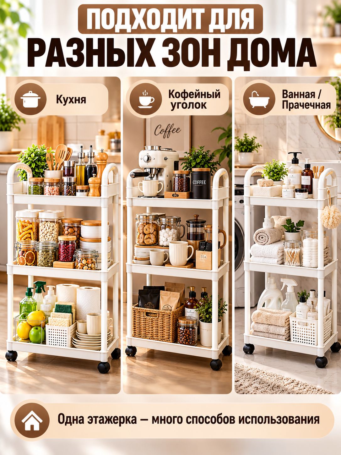 Этажерка, 3 секц, Пластик, 31.5х21.5х58 см, Артикул: 5889178220