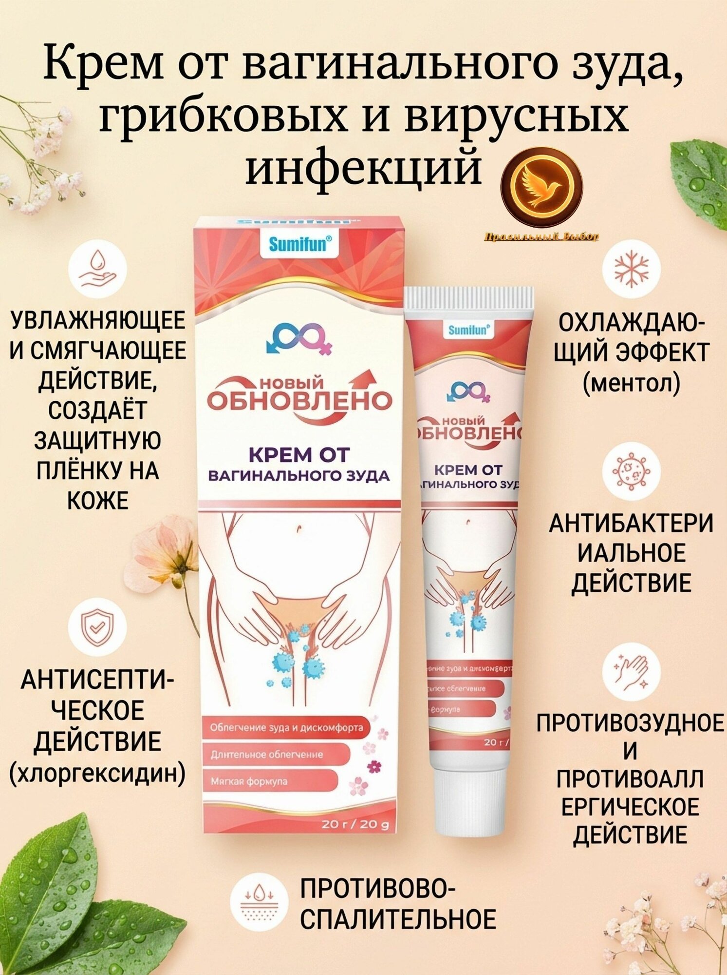 Крем от воспаления, раздражения, зуда в интимных местах / Антибактериальная лечебная мазь для женщин против дерматита и инфекций