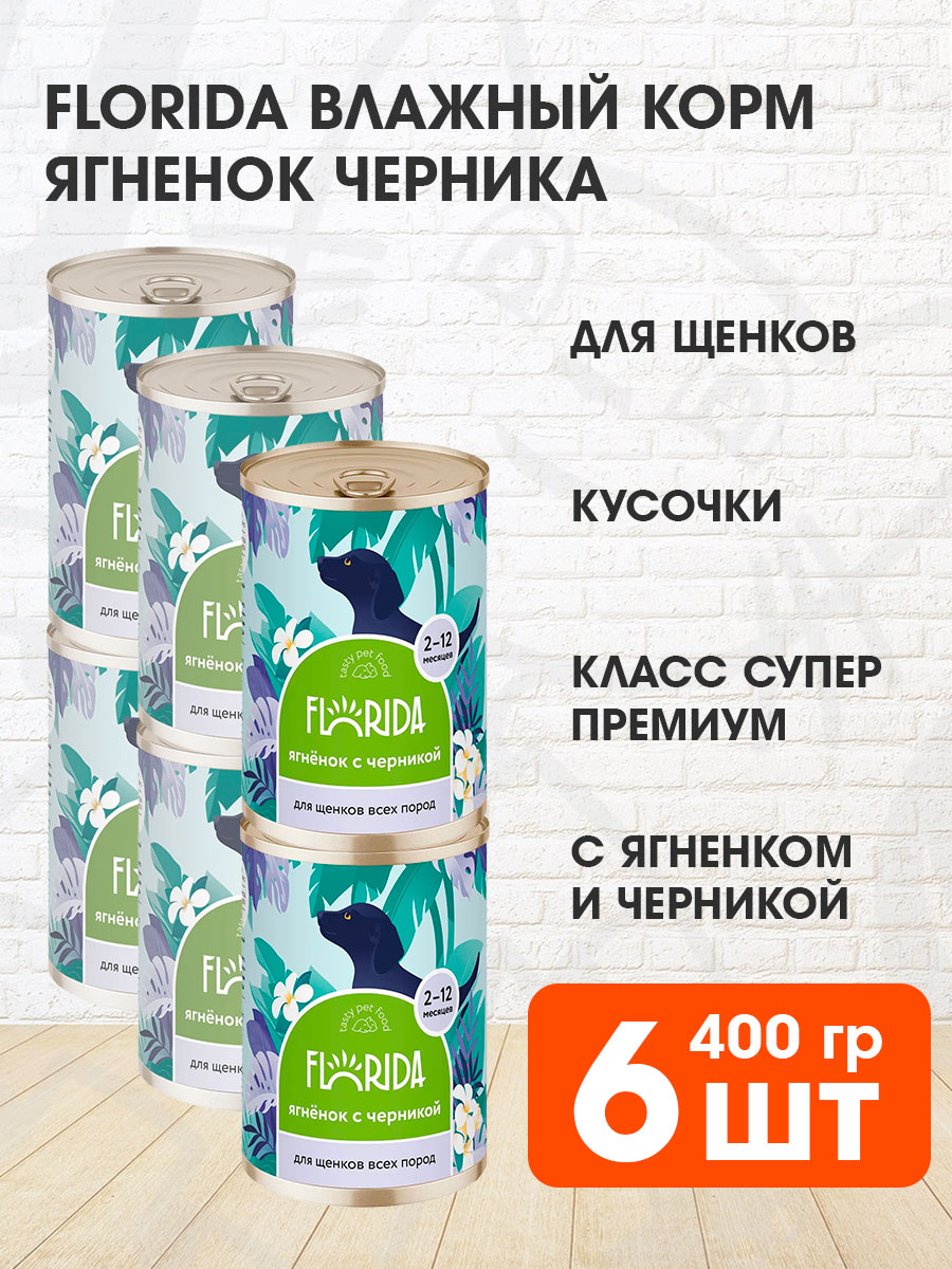 Корм влажный Florida для щенков всех пород, ягненок и черника, 400 г 6 шт