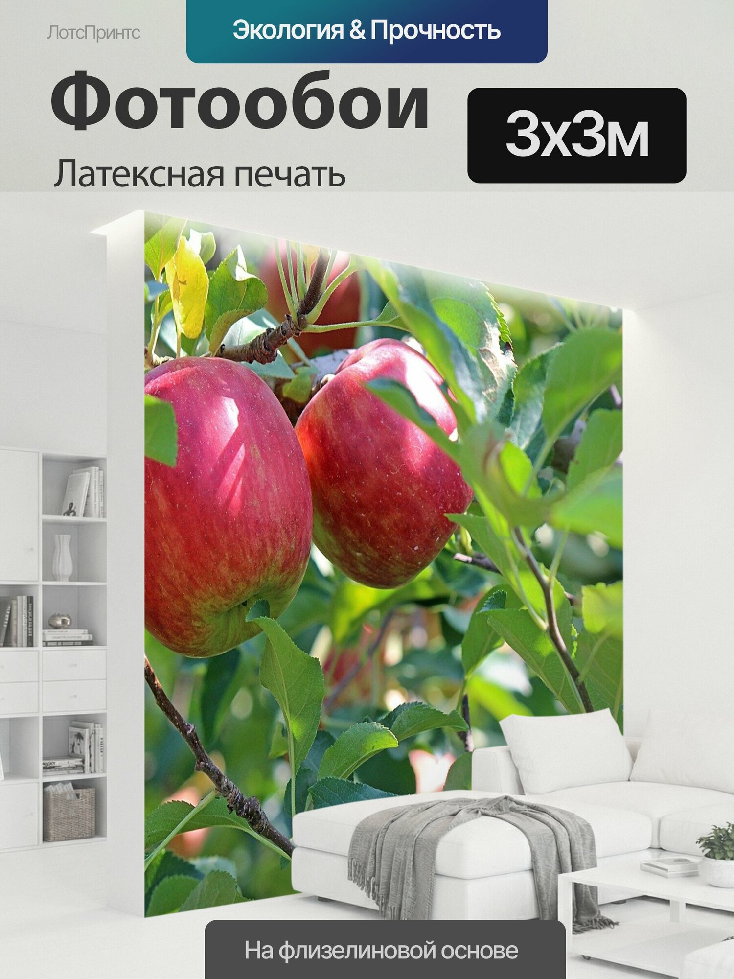 Фотообои моющиеся ударопрочные "Яблоко, спелый, красный" 300x300 см. латексная печать