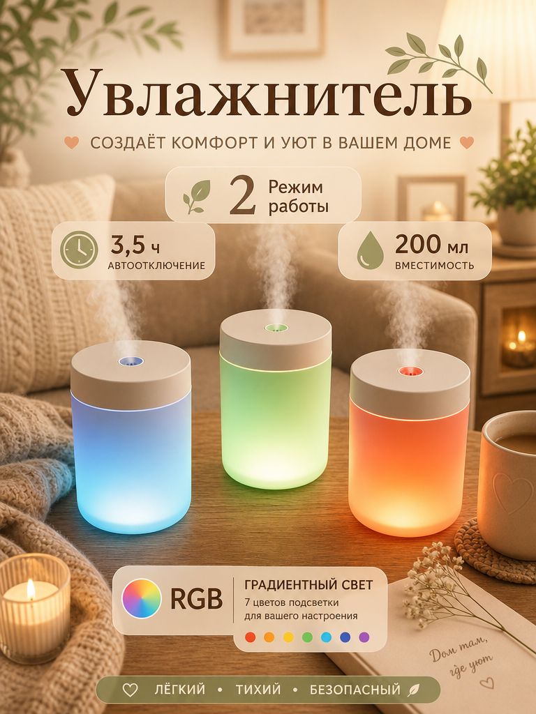 Бесшумный ультразвуковой мини увлажнитель воздуха-аромадиффузор YUXEE с подсветкой Для дома (настольный) и автомобиля