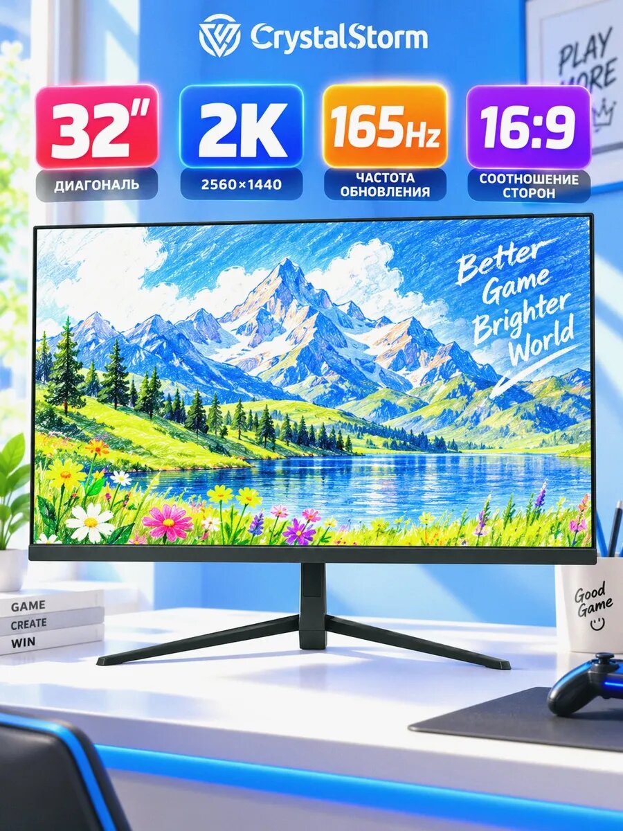 Монитор CrystalStorm, диагональ 32", 2560 x 1440 пикселей, 165Гц, матовый, чёрный