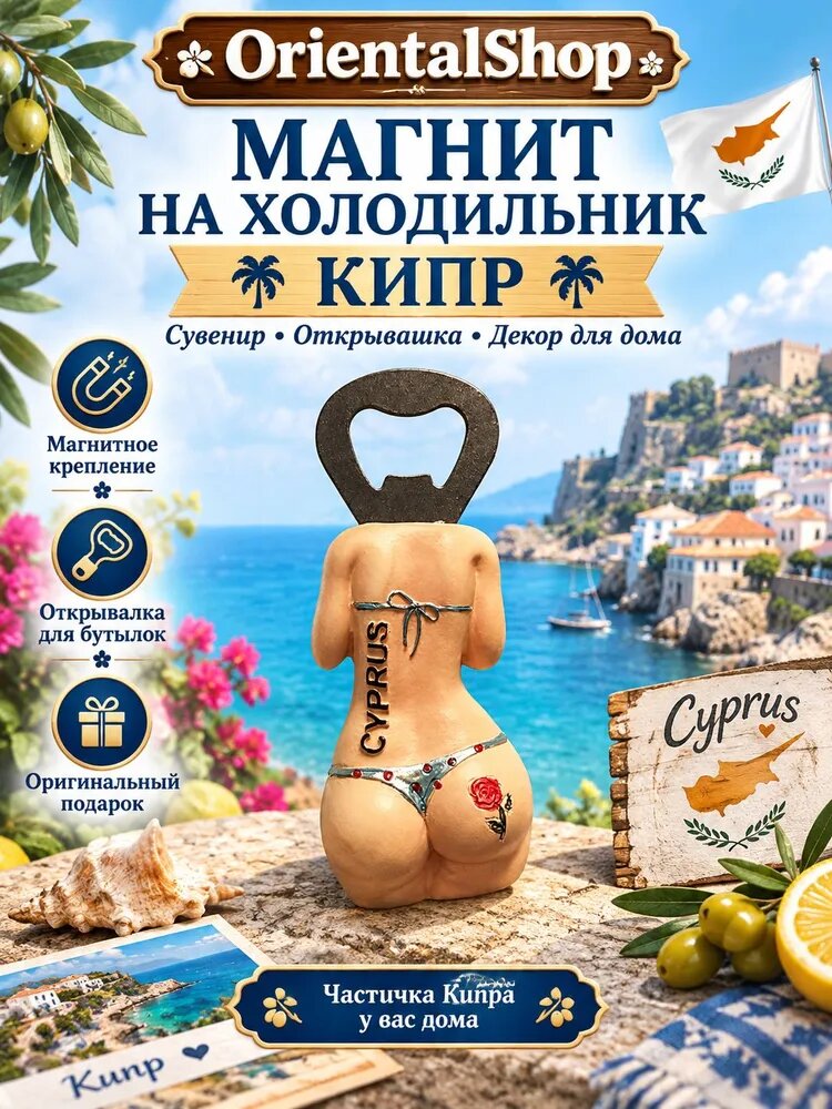 Магнит на холодильник с открывалкой Кипр, бикини объёмный туристический сувенир, декор для дома