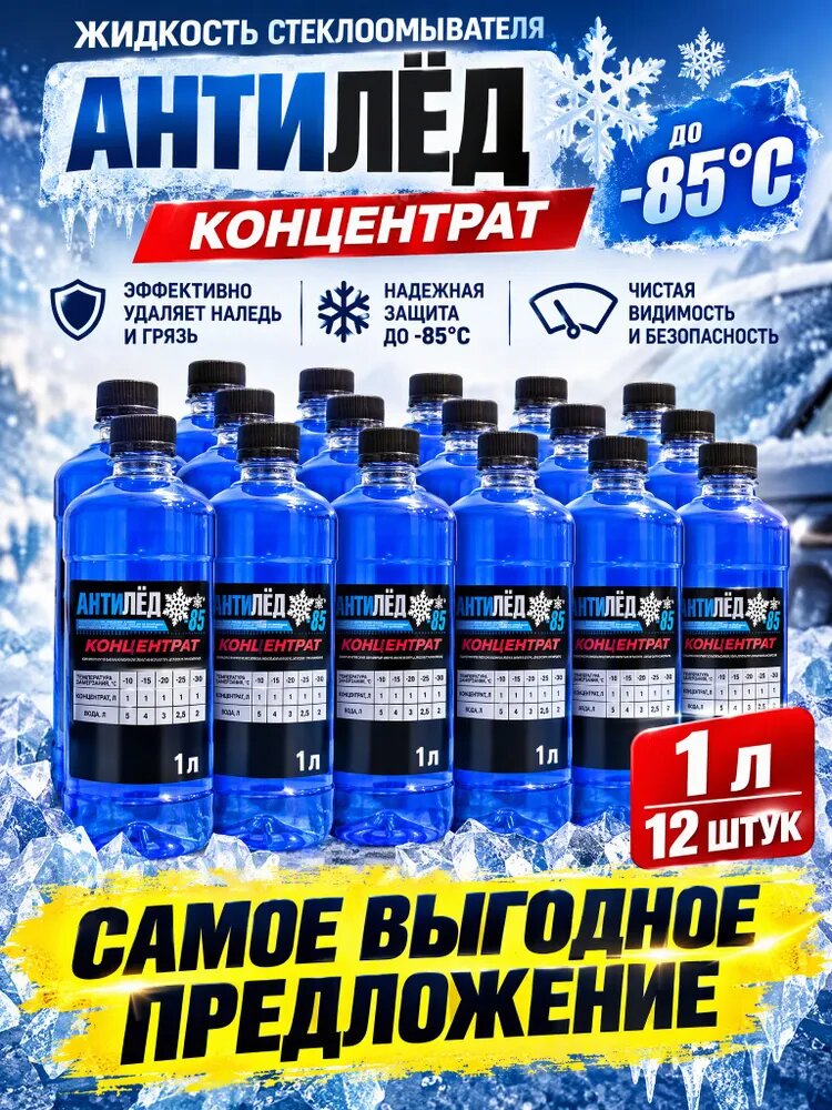 Жидкость стеклоомывателя Антилед концентрат 1 л, комплект 12 шт, антиобледенительная жидкость для авто