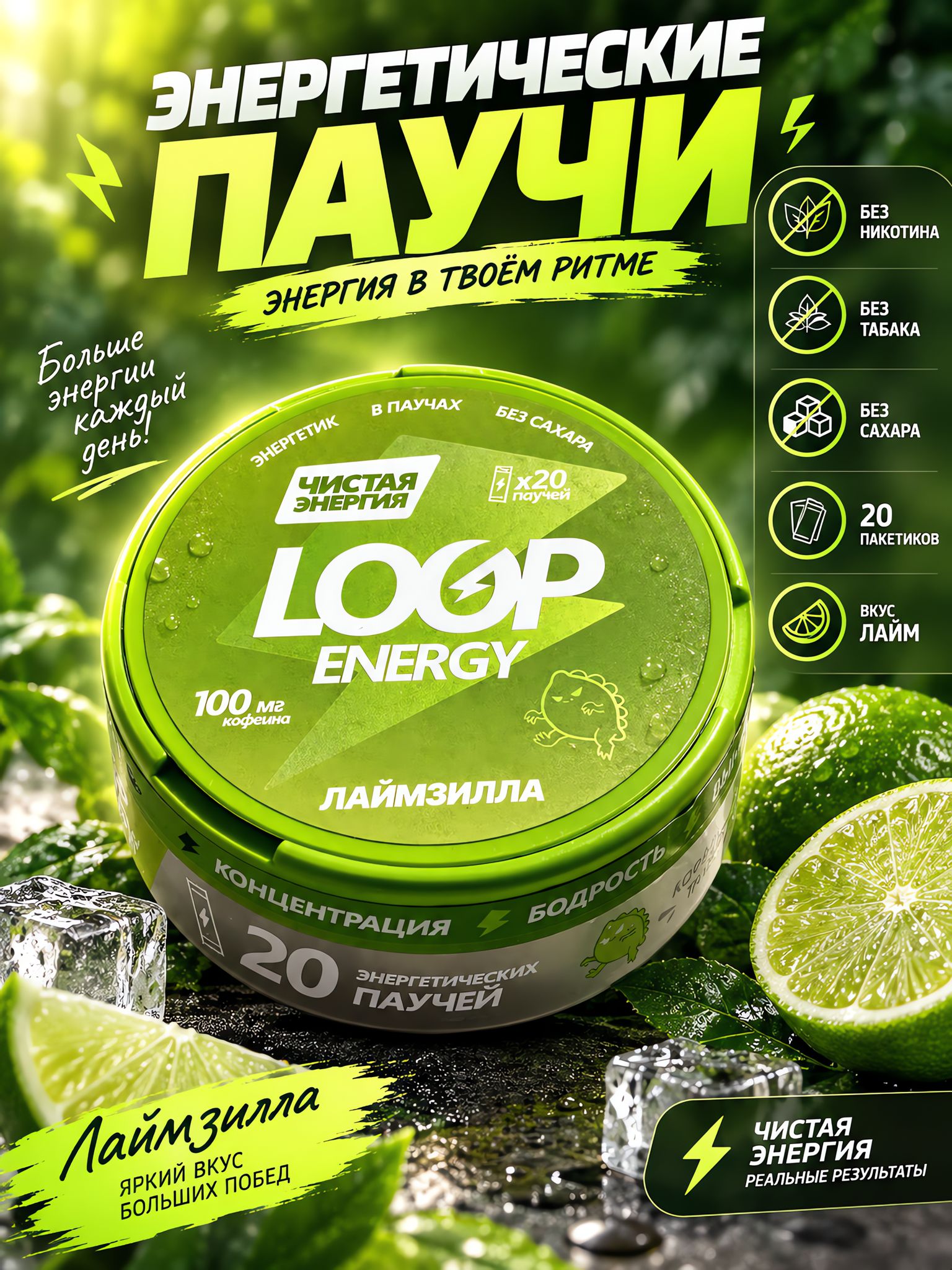 Паучи энергетические Loop Лайм Кофеиновые без сахара, Сухой энергетик.