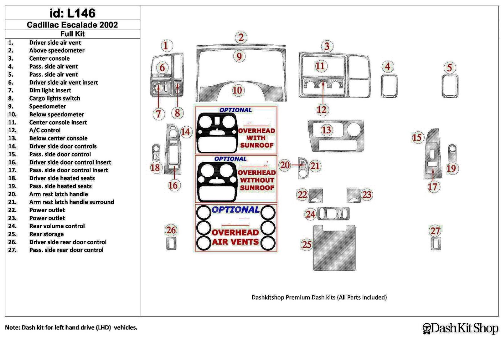 Декоративные накладки салона для Cadillac Escalade 2002-2002. Комплект L146.