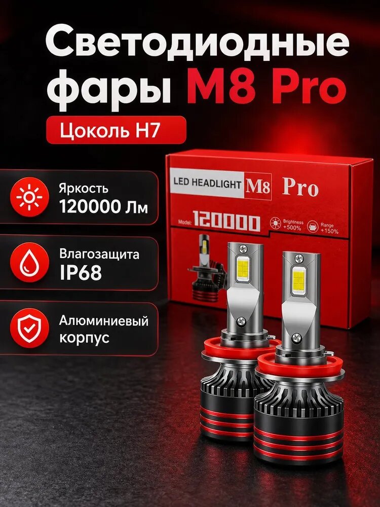 Фара автомобильная, Фары головного света, 1 шт, арт. Автомобильная светодиодная фара M8 Pro, 60 Вт, 12000 лм, 6500 К, круглая, с вентилятором охлаждения: для H7