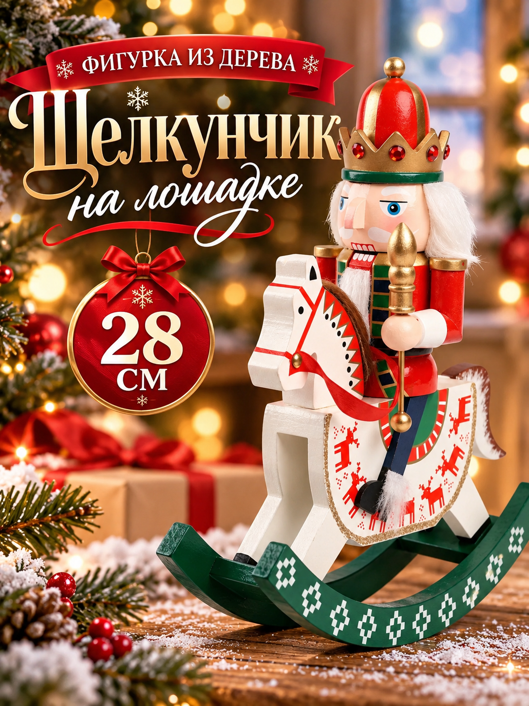 Фигурка из дерева «Щелкунчик на лошадке», высота 28 см, новогодний